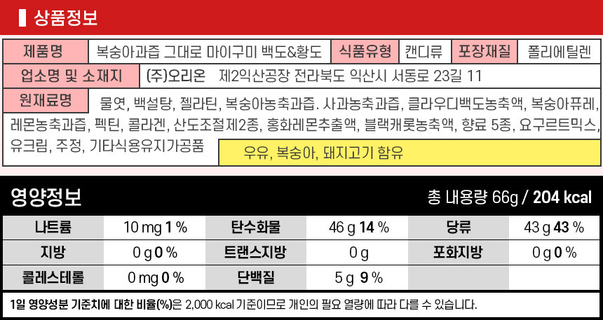 오리온 마이구미 백도&황도 1P(66g) x 10개상품상세_동원몰