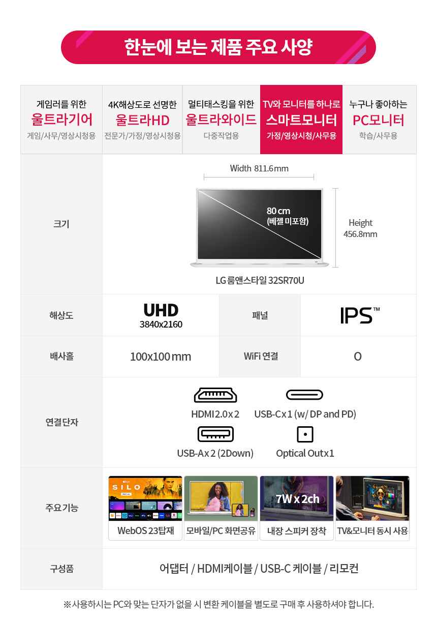 LG전자 32SR70U 스마트모니터 룸앤스타일 32인치 IPS 4K UHD 미러링 스마트TV IPTV - 감도 깊은 취향 셀렉트샵 29CM