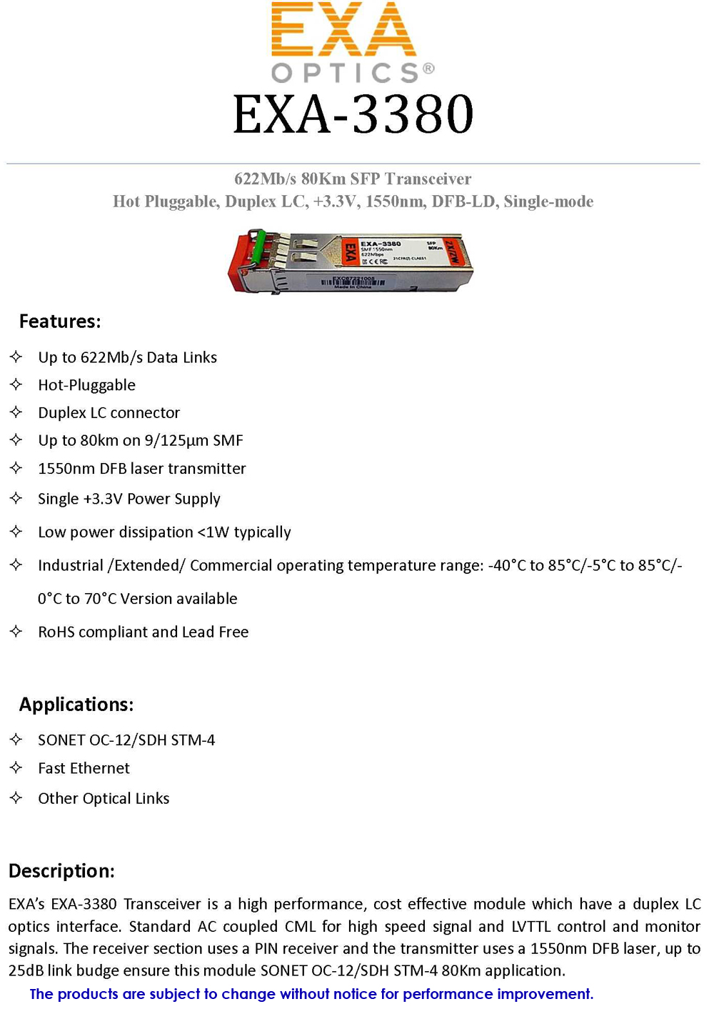 [EXA] 622M SFP-ZX/ZW 80km 싱글모드 광모듈-정보통신전문-EXATEK