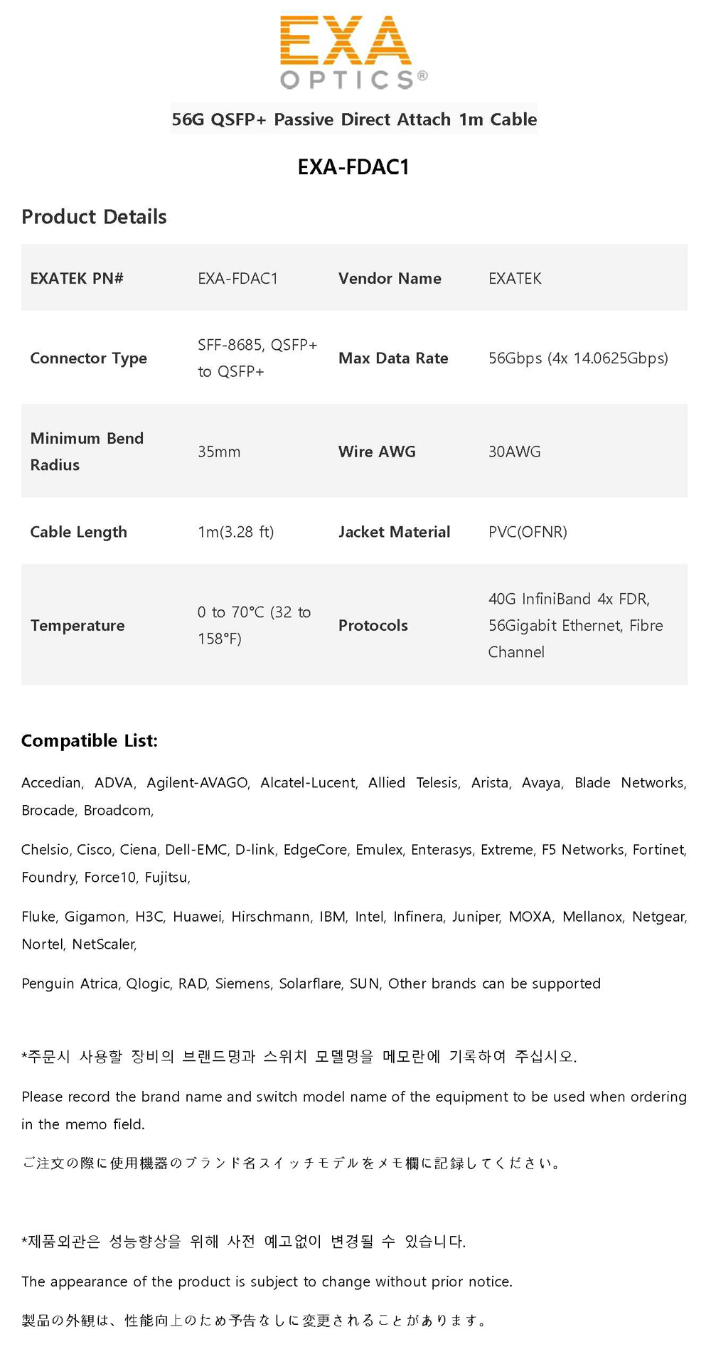 [EXA] 56G QSFP+ DAC 1M Twinax 케이블-정보통신전문-EXATEK