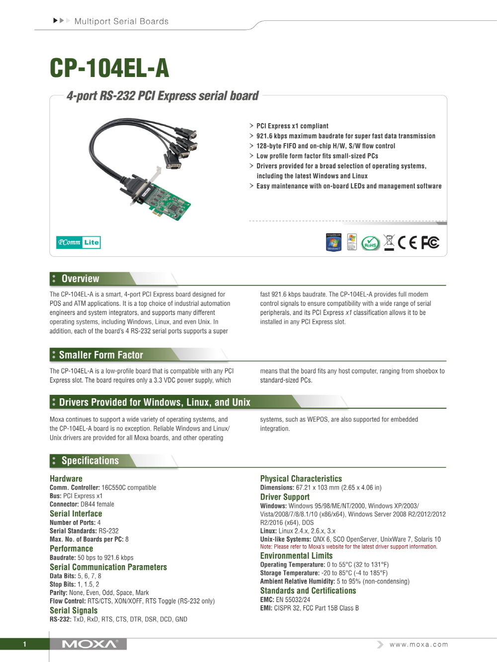 [MOXA] CP-104EL-A PCIe 4-port RS-232 PCI Express Serial board -IT-Specialist EXATEK