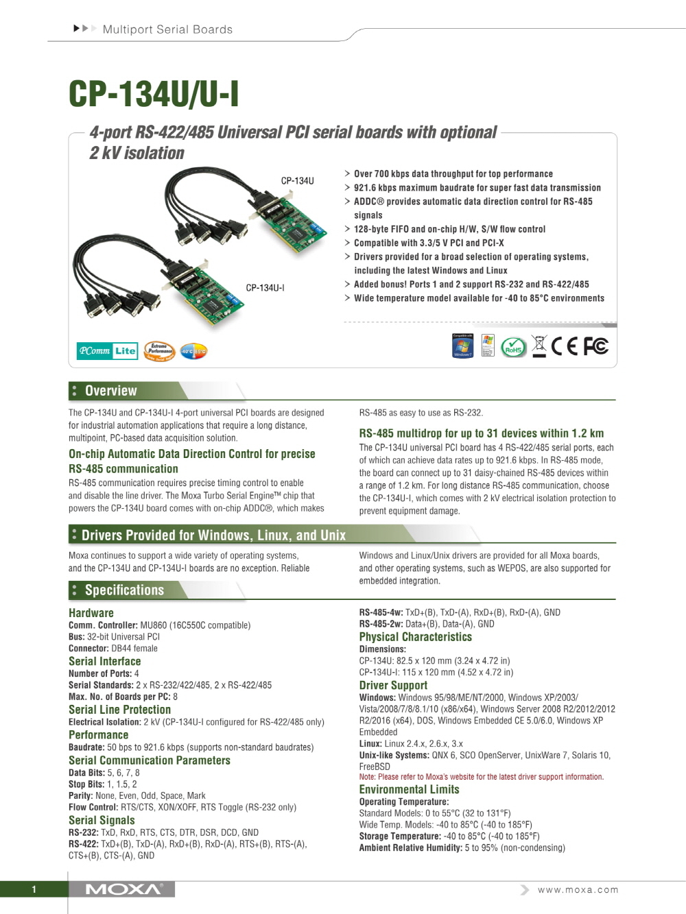 [MOXA] CP-134U-I-DB9M 4P RS422/485 Universal PCI-정보통신전문-EXATEK