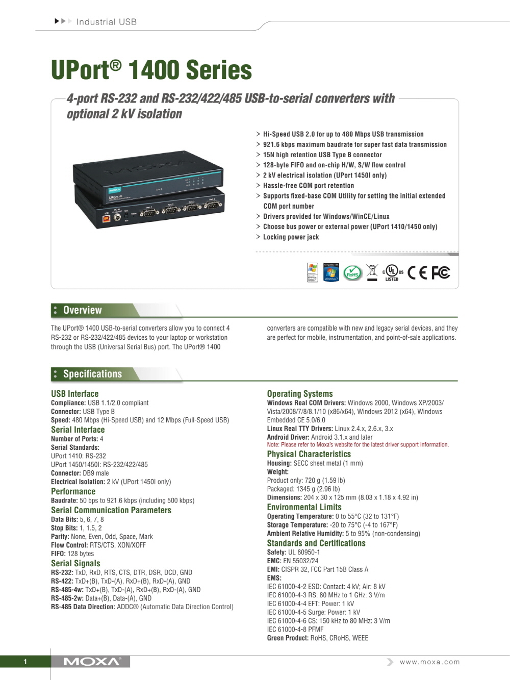 [MOXA] UPort 1410 4-port RS-232 USB-to-Serial Converters -IT-Specialist EXATEK