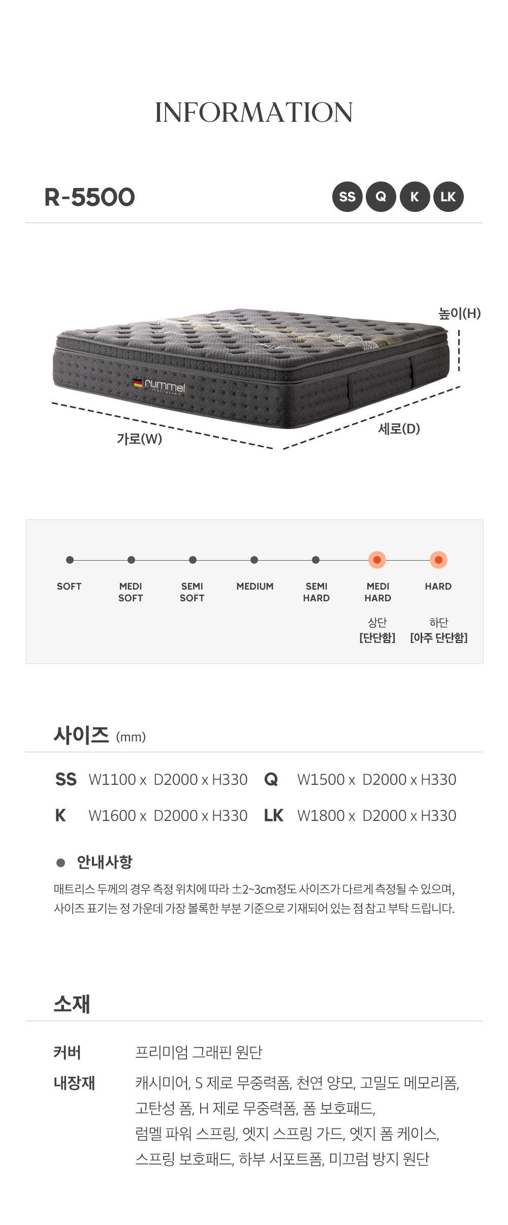 럼멜 R5500 단단한 본넬 파워스프링 유로탑 호텔 침대매트리스 슈퍼...