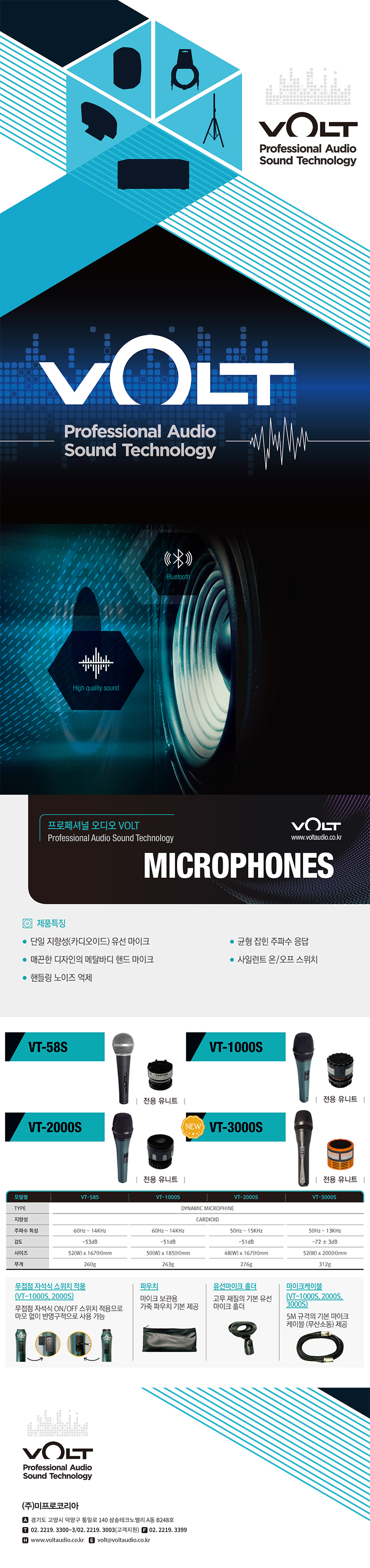 VOLT VT-58S VOLT 단일지향성 유선마이크 파우치 5M케이블포함