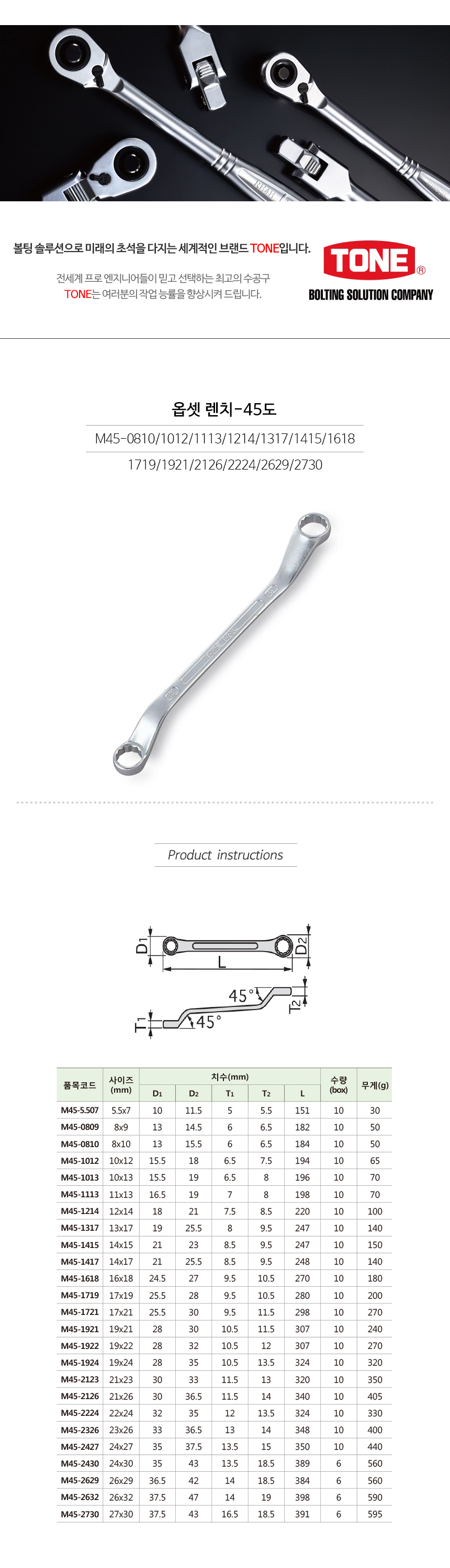 토네 옵셋렌치45도 HPM45- [제품선택] 2224 / 디바이스마트