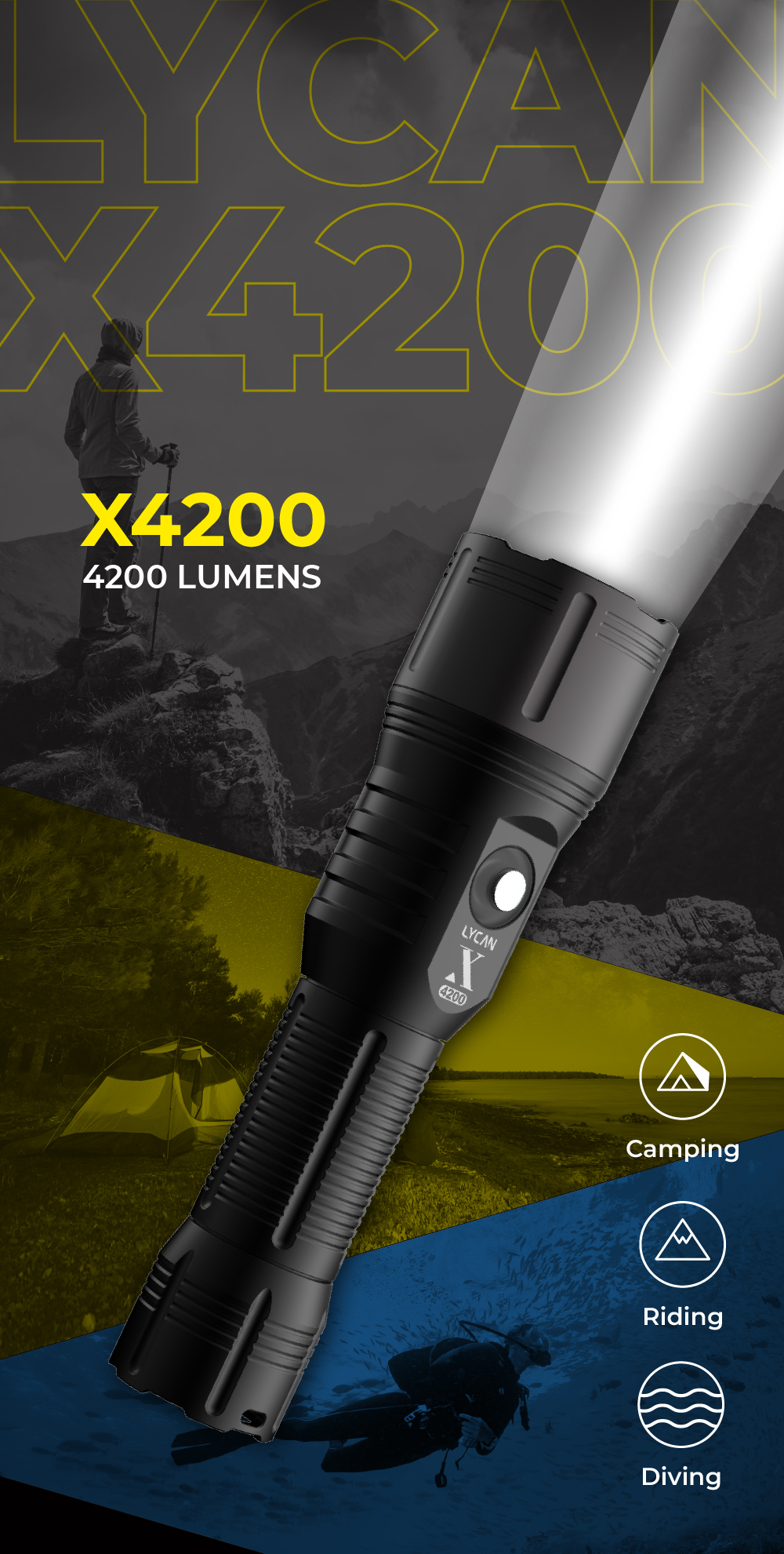 라이칸 수중 랜턴 해루질 써치 라이트 X4200 스킨스쿠버 장비 100m방수 LED후레쉬 - 라이칸