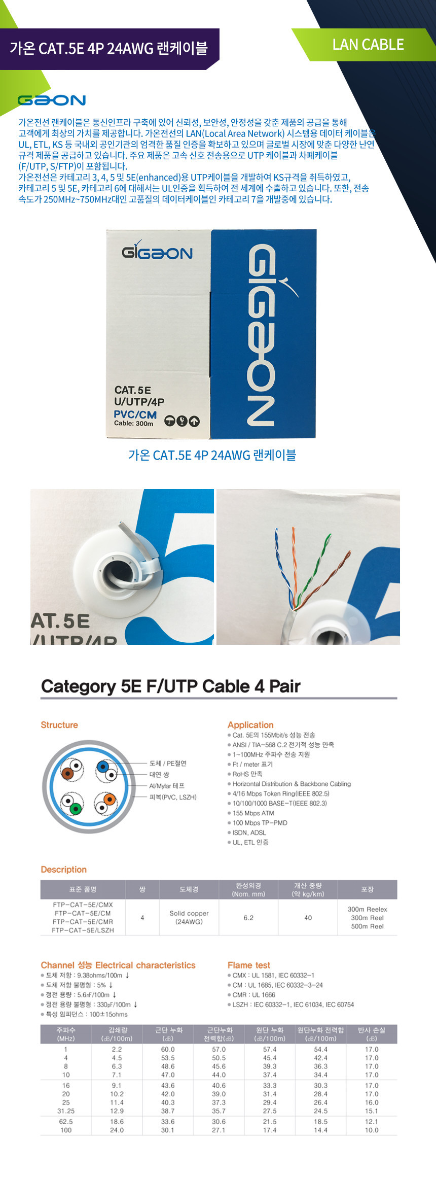 가온전선 UTP Cat.5e 300M 24AWG KS인증 랜케이블 | 데코웹