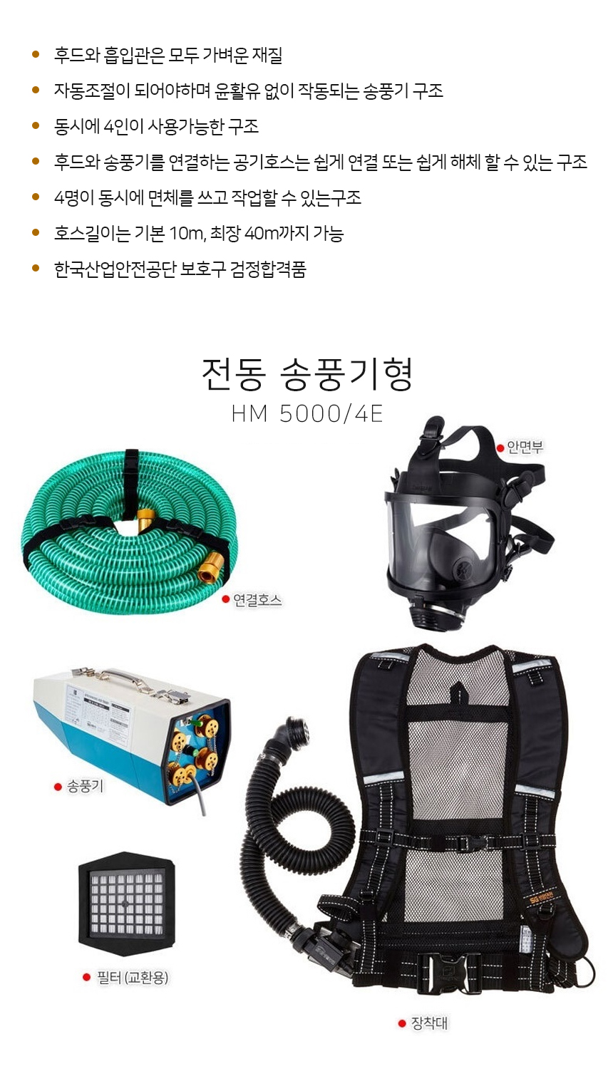 전면형 송기 마스크 전동식 밀폐 작업 공기 호흡기 송풍기 2인용 HM5000/4E