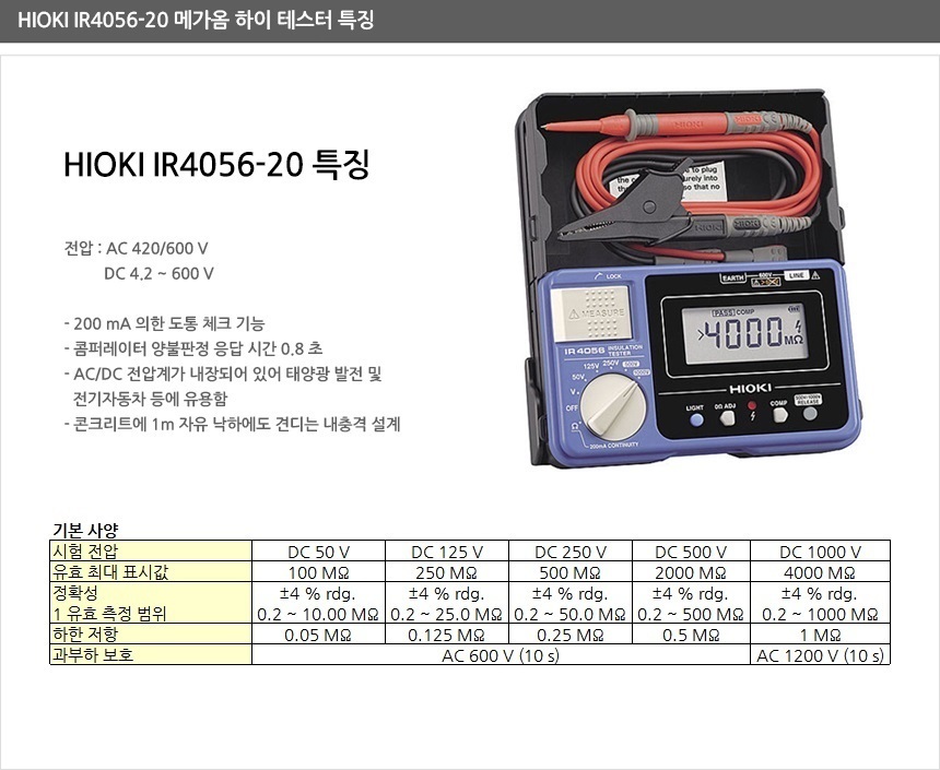 HIOKI IR4056-20(=IR4051-10) 디지털 절연 저항계/Megger/테스터, 코라스 검교정/KOLAS공인 성적서 ...